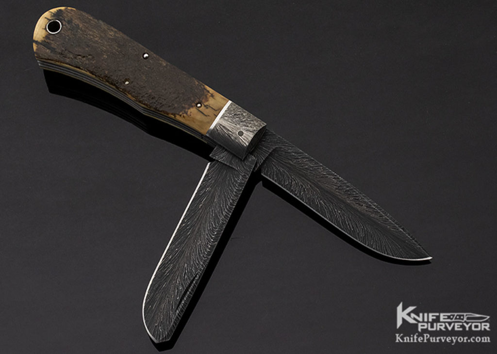 Bill Ruple Custom Knife 2 Blade Mammoth & Feather Pattern Damascus w ...