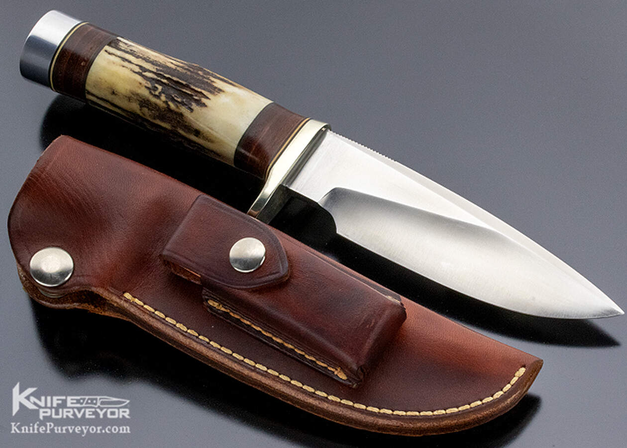 Custom Knife Randall Made Model 25-5 Stag and Stacked Leather with Snap ...