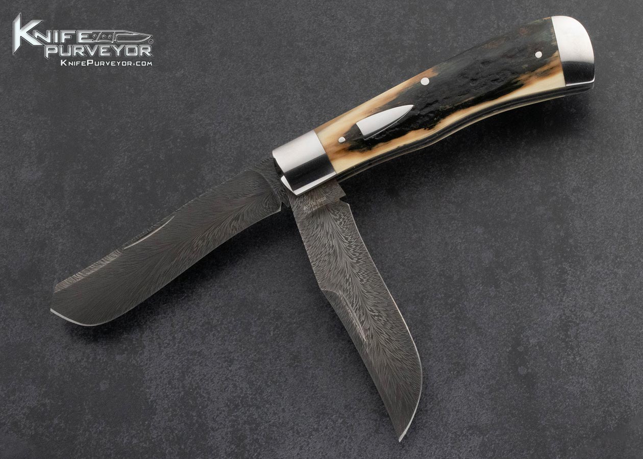 Tim Robertson Custom Knife 2 Bladed Feather Damascus Outer Bark Mammoth ...