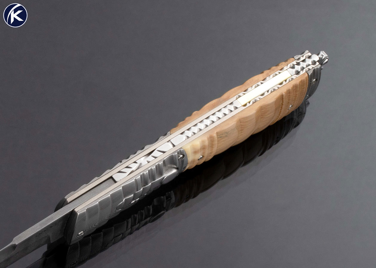 Rex Robinson Custom Knife Carved Damascus and Mammoth Automatic ...