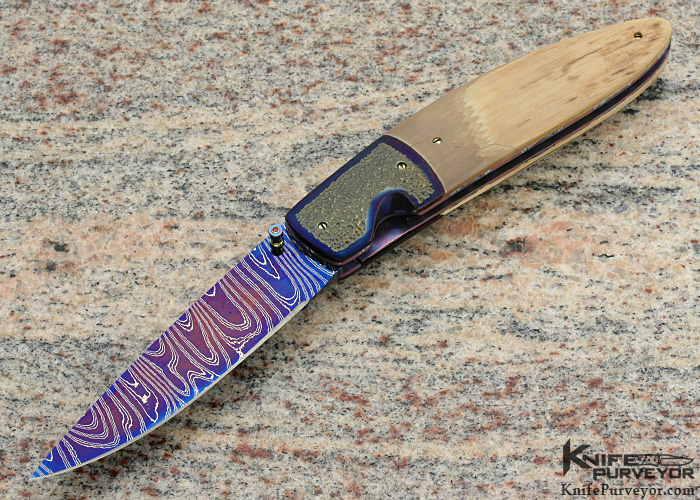 Theuns Prinsloo Custom Knife Blued Damascus, Stippled Anodized Titanium ...