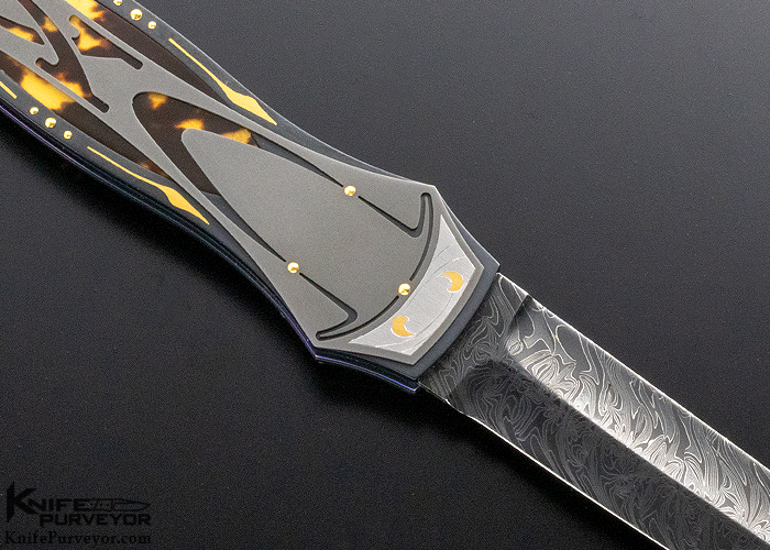 Jim Minnick Custom Knife Amber and Damascus with Engraved Blued Steel ...