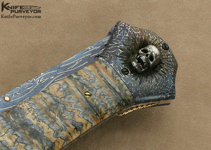 Arthur Whale Custom Knife Blued Carved Damascus, Damascus with Silver Skulls Inlaid Bolsters ...