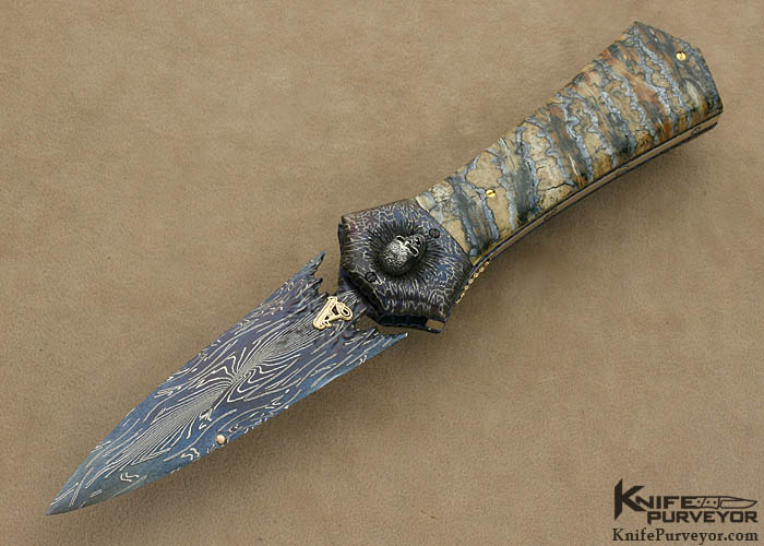 Arthur Whale Custom Knife Blued Carved Damascus, Damascus with Silver Skulls Inlaid Bolsters ...