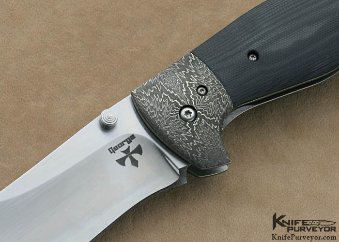 Les George Custom Knives Black G-10 & Damascus Bolstered Framelock ...