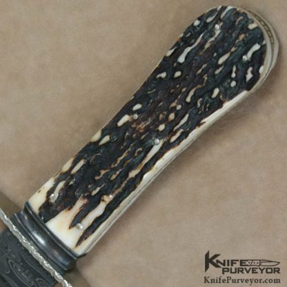 Tim Hancock Custom Knife Damascus and Stag Upswept Bowie - Knife Purveyor