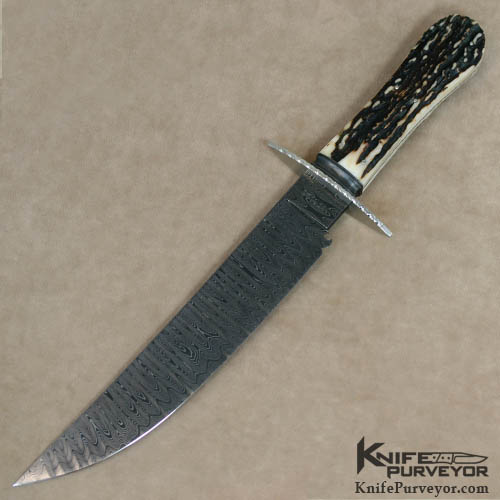 Tim Hancock Custom Knife Damascus and Stag Upswept Bowie - Knife Purveyor
