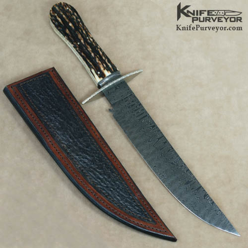 Tim Hancock Custom Knife Damascus and Stag Upswept Bowie - Knife Purveyor