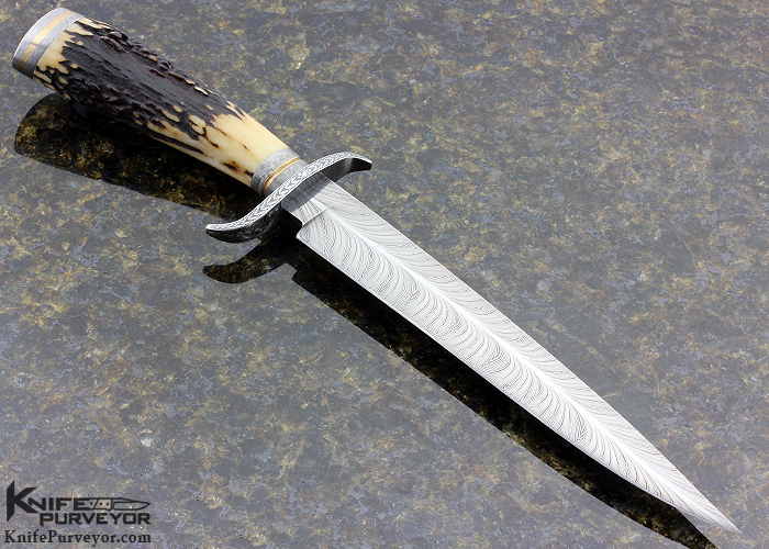 Kevin Casey Custom Knife Feather Damascus and Stag Fighter Engraved by ...