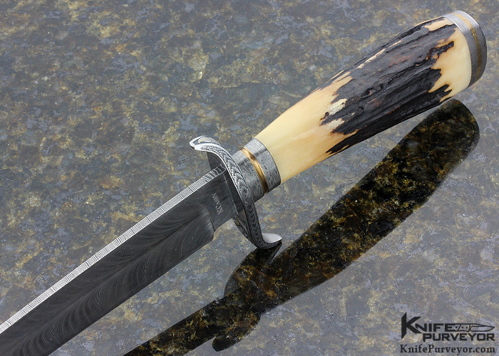 Kevin Casey Custom Knife Feather Damascus and Stag Fighter Engraved by ...