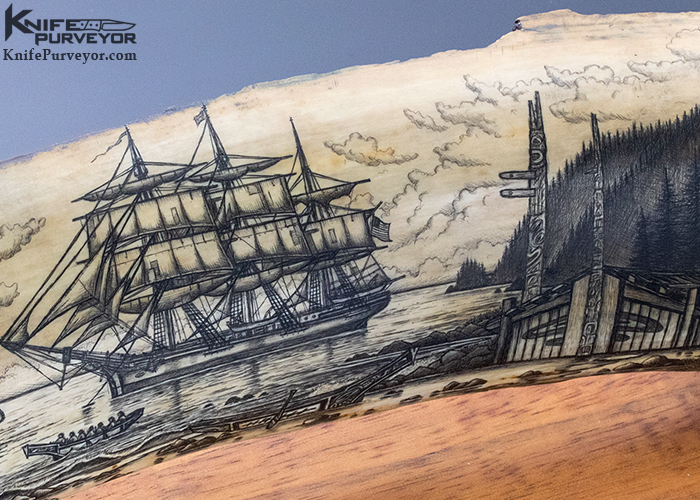 Peter Kinney Scrimshaw on Mammoth Tusk Whaling Ship in Bay scene ...