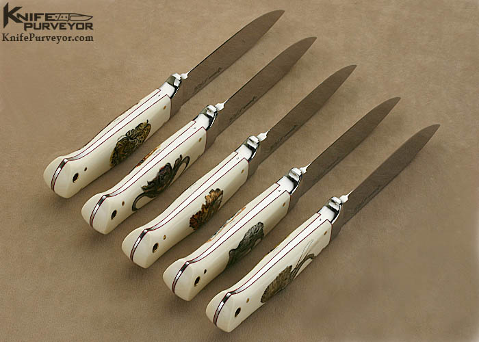 S.R. Johnson Custom Knives Set of 5 Hunters Scrimshawed by Ron Skaggs ...