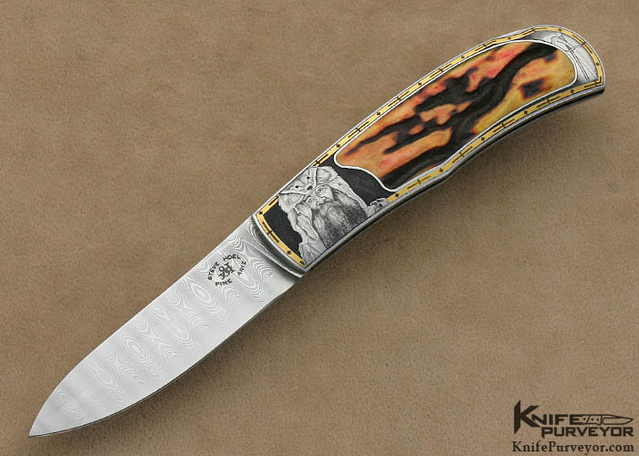 Steve Hoel Custom Knives Ray Cover Jr. Engraved Amber Stag Interframe ...